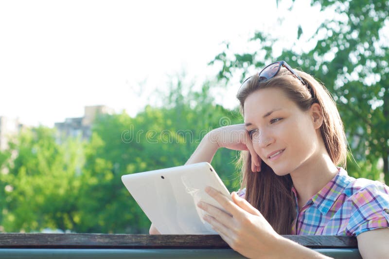 Student Woman Reading Tablet Computer Stock Photo - Image of female ...