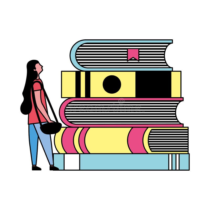 Student Woman and Stack Books Stock Illustration - Illustration of book ...