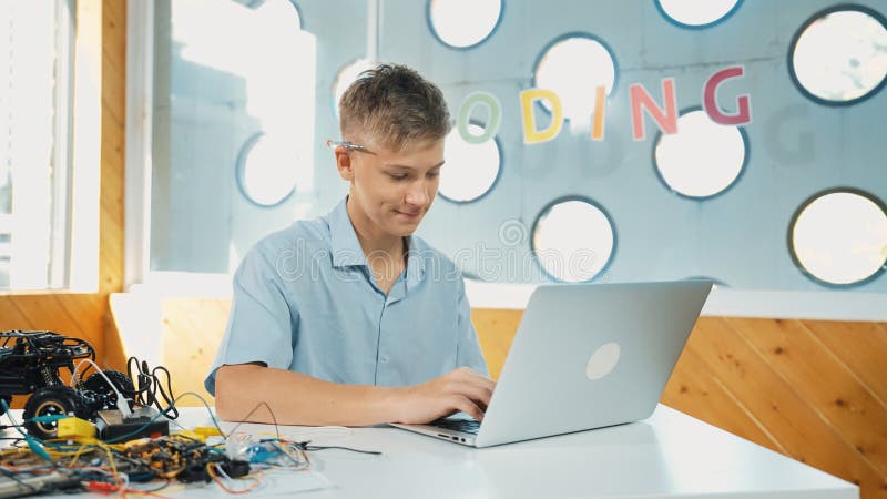 Student Working on Laptop while Analysis Car Model Construction ...