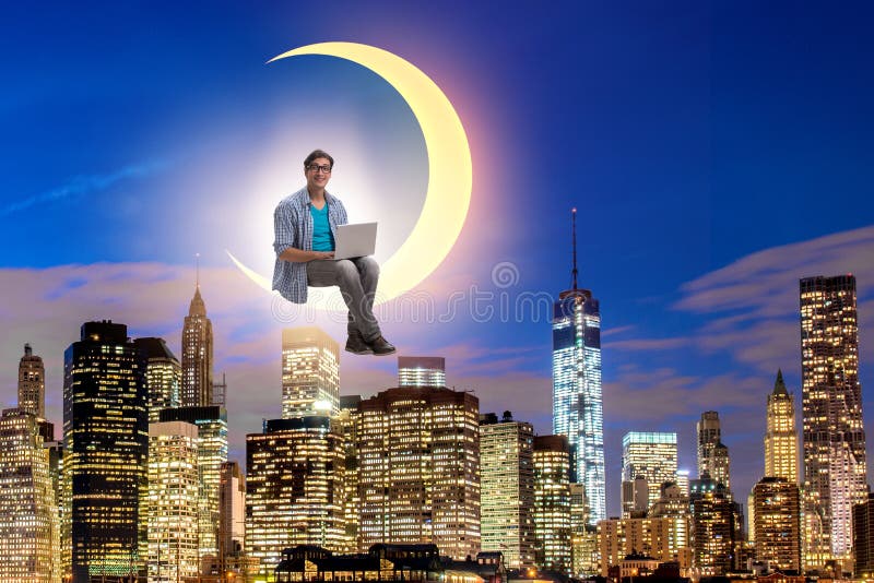 Student Working on Laptop on the Moon Crescent Stock Image - Image of ...