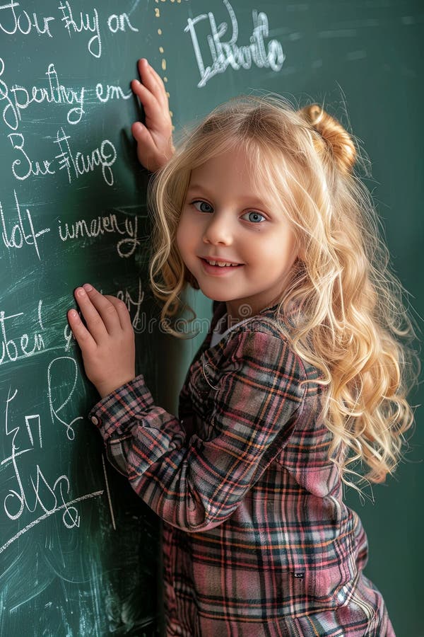 Student Writing on Chalkboard in Classroom, Blonde Girl, Learning ...