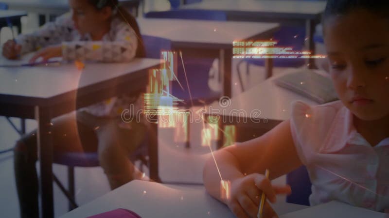 Student Writing at Desk with Data Processing Animation Over Classroom Background Stock Video ...