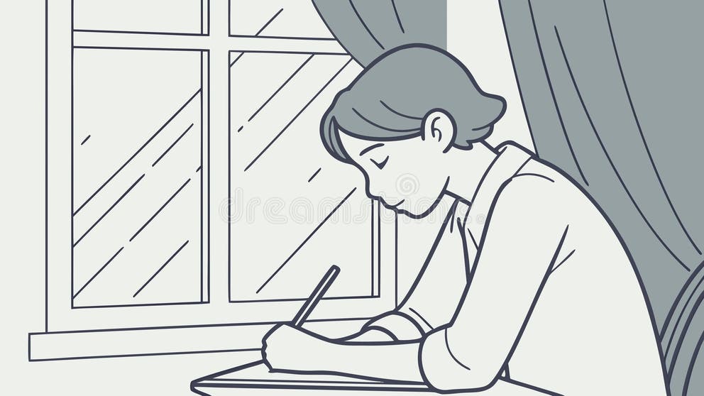 Student Writing at Desk Vector, Study and Concentration Scene, Vector ...