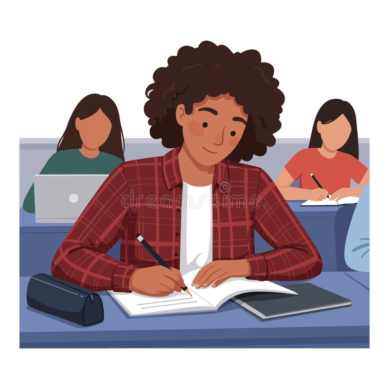 Student Writing Notes in a Classroom Setting with Flat Vector ...