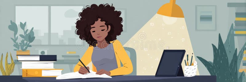 Student Writing Notes at a Desk Surrounded by Books and a Tablet Under ...