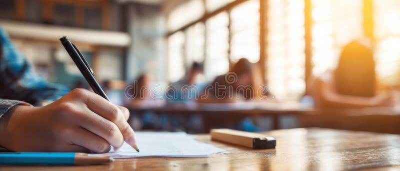 The Student Writing Notes during an Exam in a Vibrant Classroom Setting ...