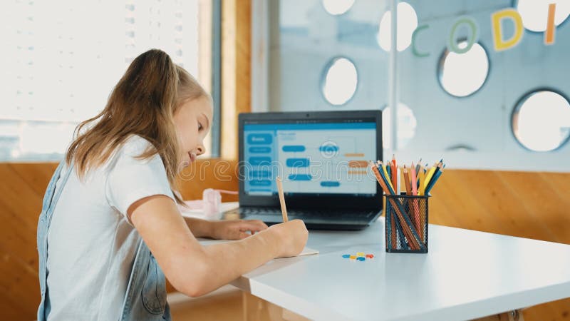 Student Writing Report or Doing Homework while Looking at Laptop ...