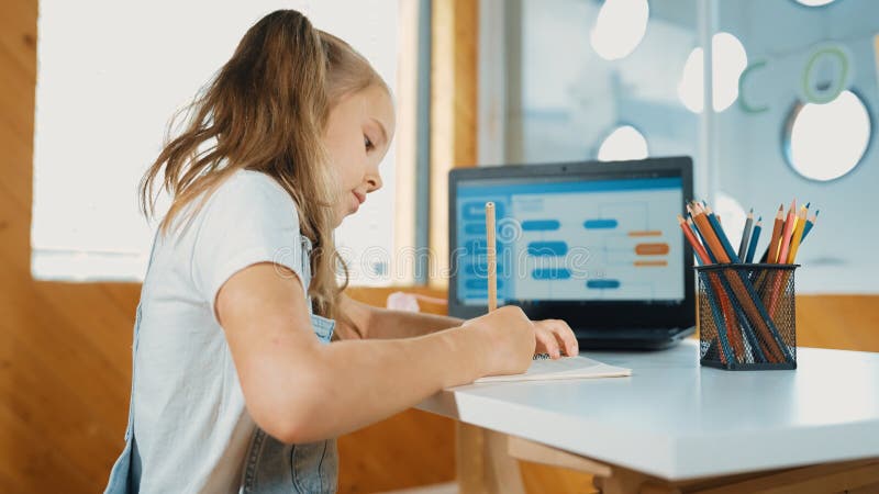 Student Writing Report or Doing Homework while Looking at Laptop ...