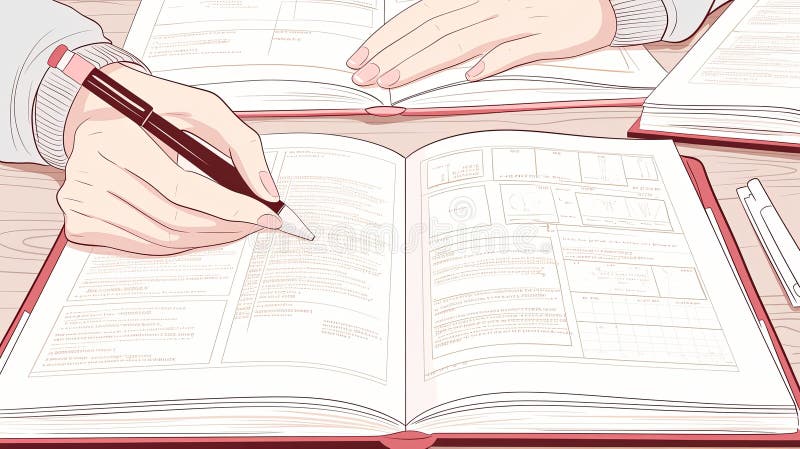 Student Writing and Reviewing Notes with Book on Desk for Academic Exam ...