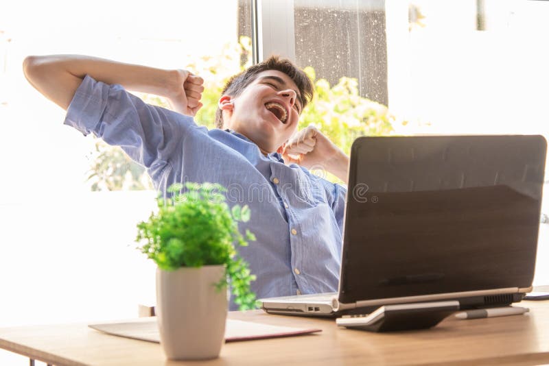 Student Yawning Exhausted at Desk Stock Image - Image of lifestyle ...