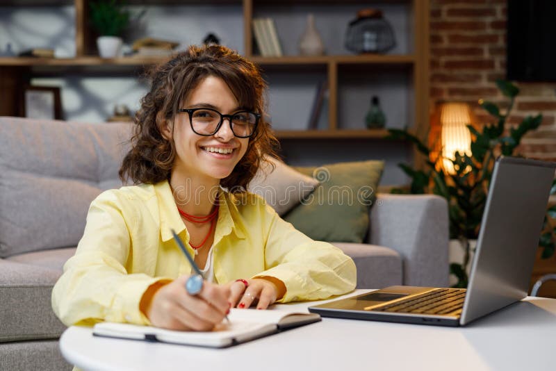 Student Young Curly Girl Studying at Home Using Webcam Chat. Video ...