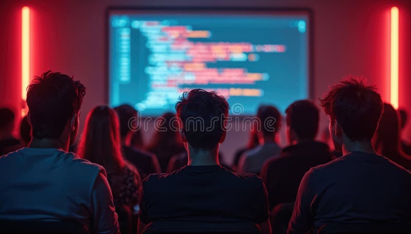Students Attend Coding Lecture in Dark Room with Red Neon Lights. Large ...