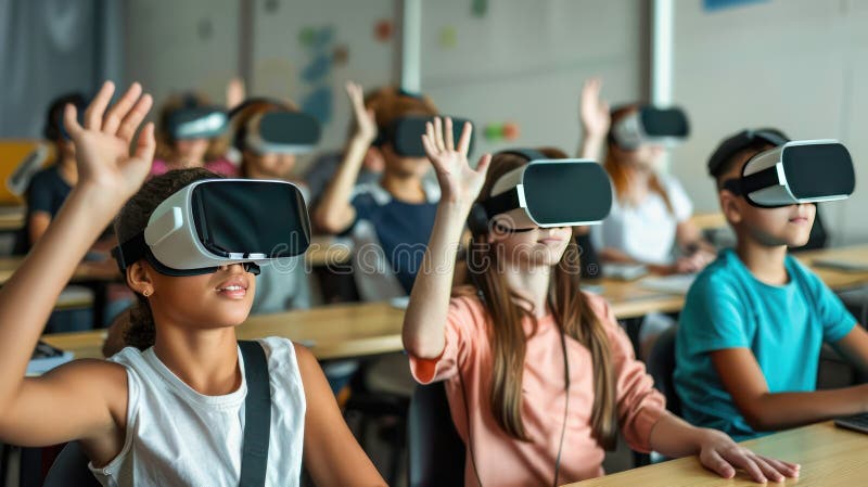 Students Attending Virtual Classes with VR Headsets Stock Illustration ...