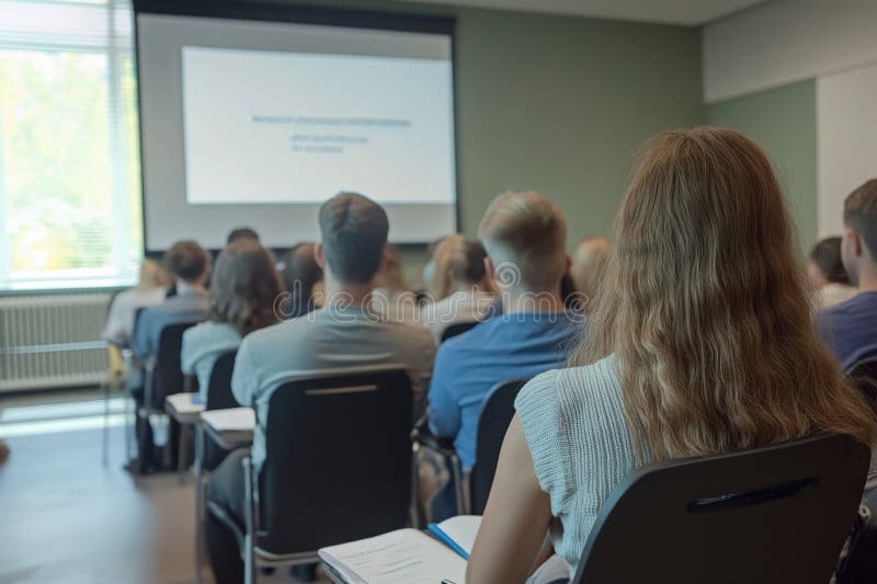 Students Attentively Listening in Classroom Lecture with Projected ...