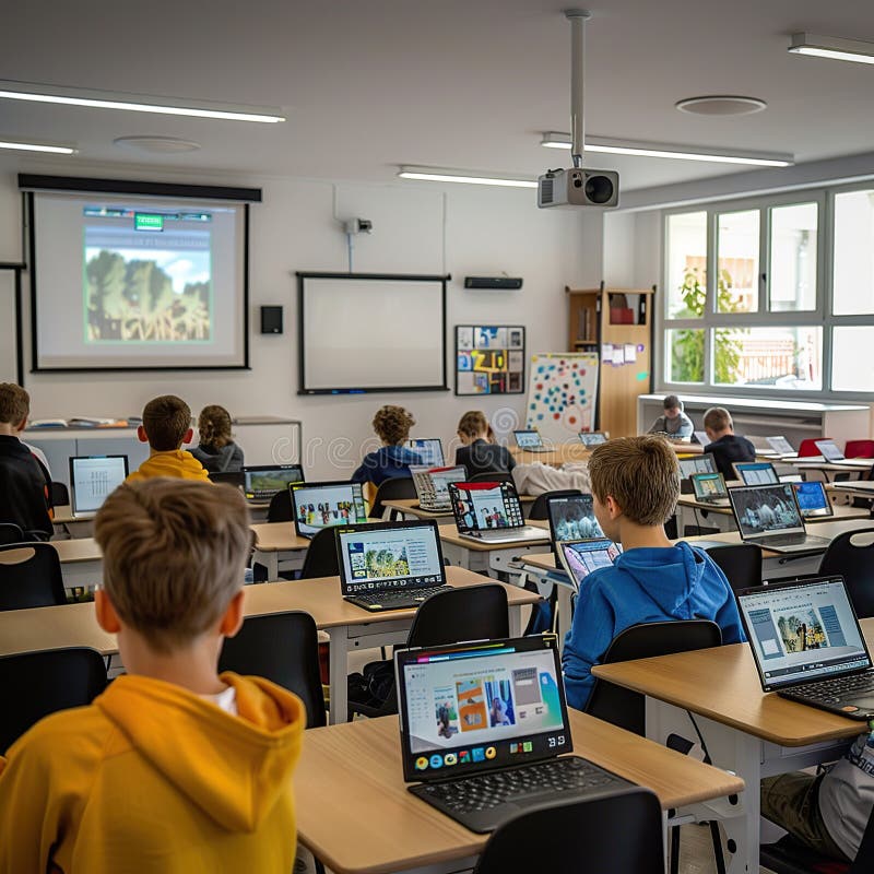 Students Attentively Using Laptops in a Modern Classroom during a ...