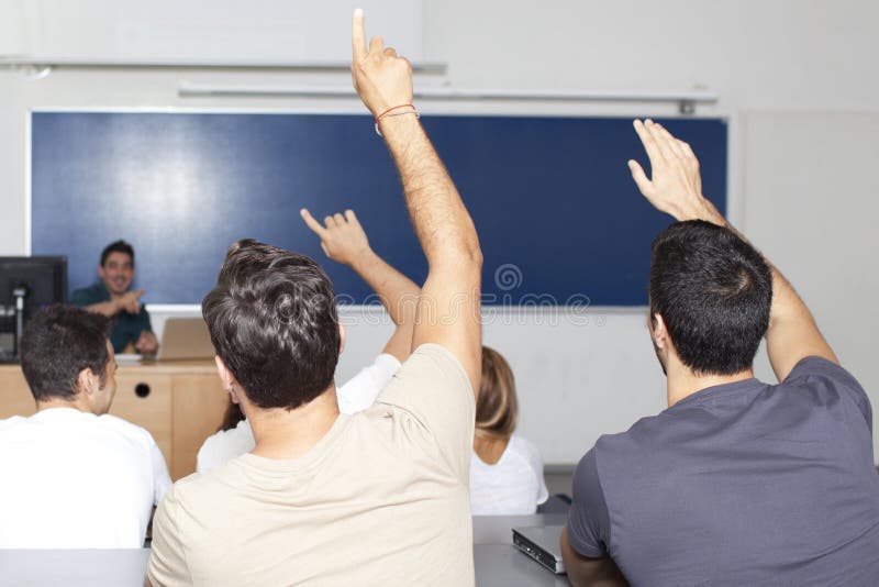 Hands up in class room stock image. Image of happiness - 32884563