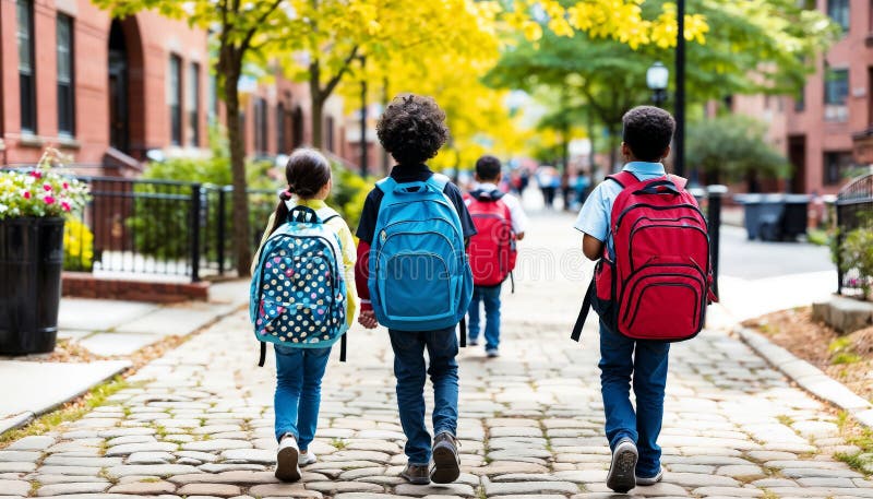 Students with Backpack on School Street Stock Image - Image of phones ...