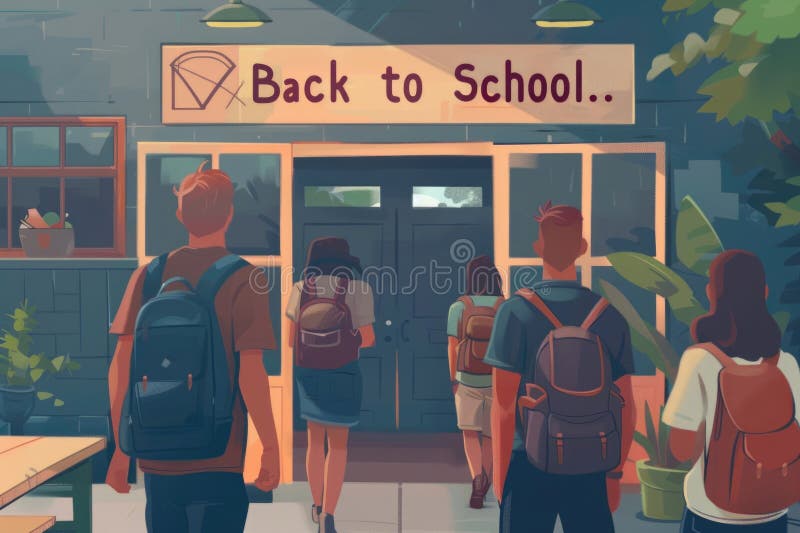 Students with Backpacks Entering School Building for Back To School ...