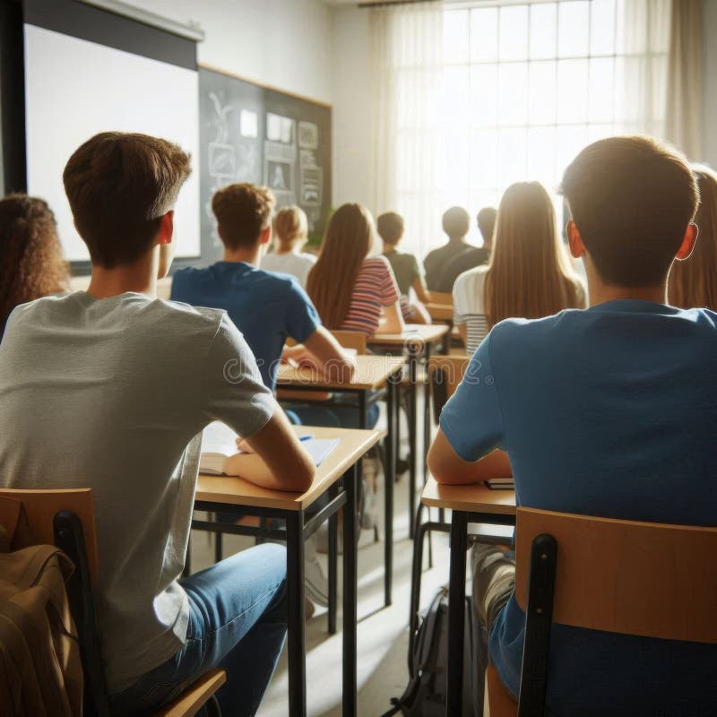 Students from Behind, Attentive in Classroom Stock Illustration ...