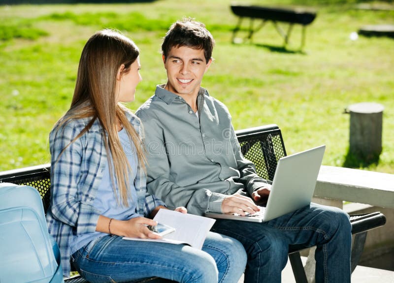 Smiling College Students with Laptop in Library Stock Photo - Image of ...