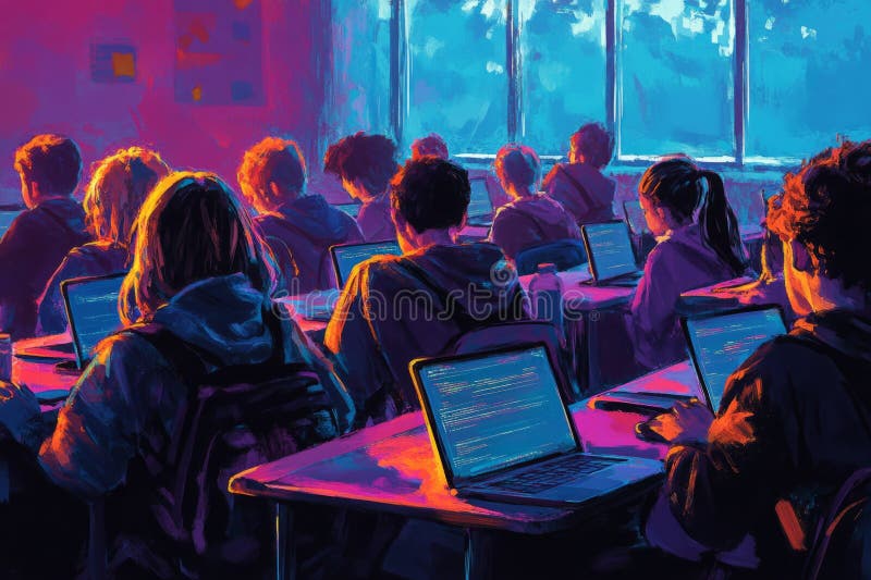 Students in a Bright Classroom Focused on Their Laptops. the Vibrant ...