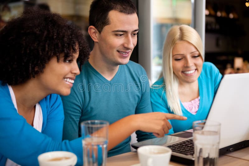 Students in Cafe with Laptop Stock Image - Image of gossip, discussion ...