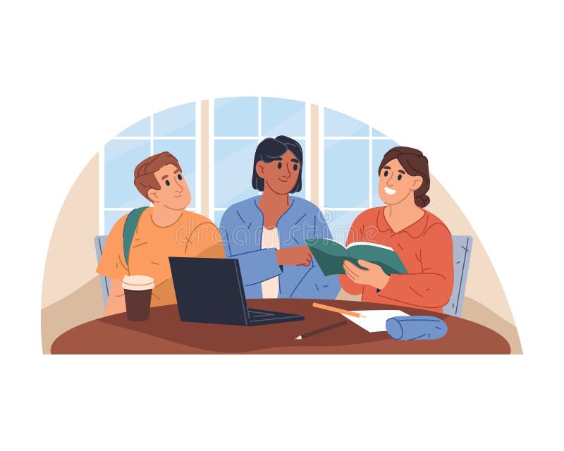 Students at Cafe with Notebook and Book. Vector. Stock Vector ...