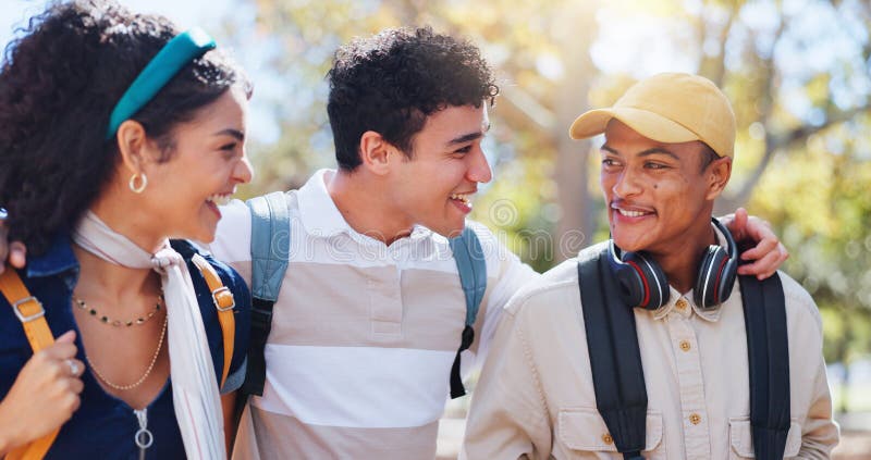 Students, Campus and Friends Chat in University Park with Conversation ...
