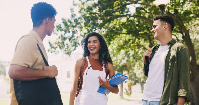 Students, Campus and Friends Laughing in Park for Break, Funny ...