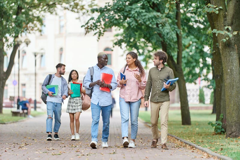 Students Cheerfully Walking after Lectures through the Park. Stock ...