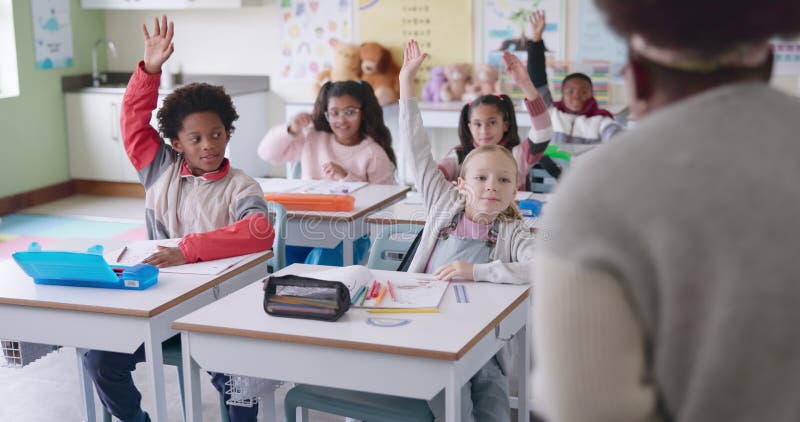 Students, Children and Hands for Answer in Classroom with Question ...