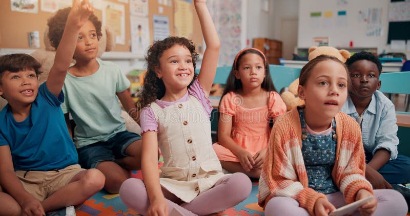 Students, Children and Hands Raised with Answer in Classroom for ...