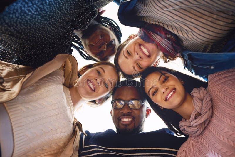 Students, Circle and Happy in Portrait, Low Angle and Diversity with ...