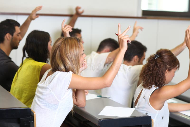 Students in Class Put Hands Up Stock Image - Image of people, attention ...
