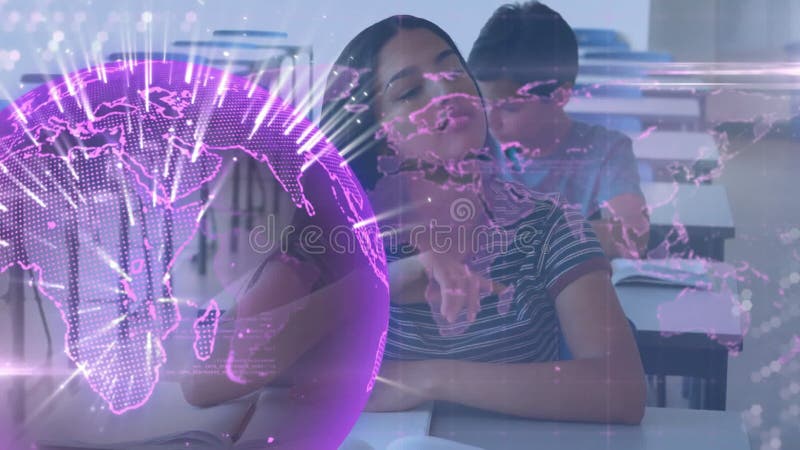 Students in Classroom with Digital Globe and Data Animation Overlay ...