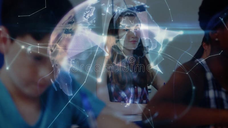 Students in Classroom with Digital Globe and Network Connections ...