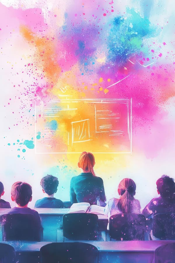 Students in a Classroom, Facing a Whiteboard with Colorful Watercolor ...