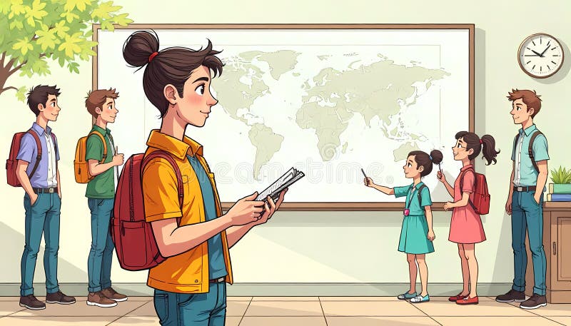 Students in a Classroom Studying the World Map and Exploring ...