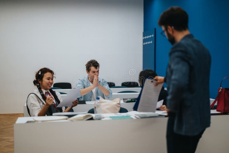 Students Collaborate on Class Assignment with Professor Guidance Stock ...