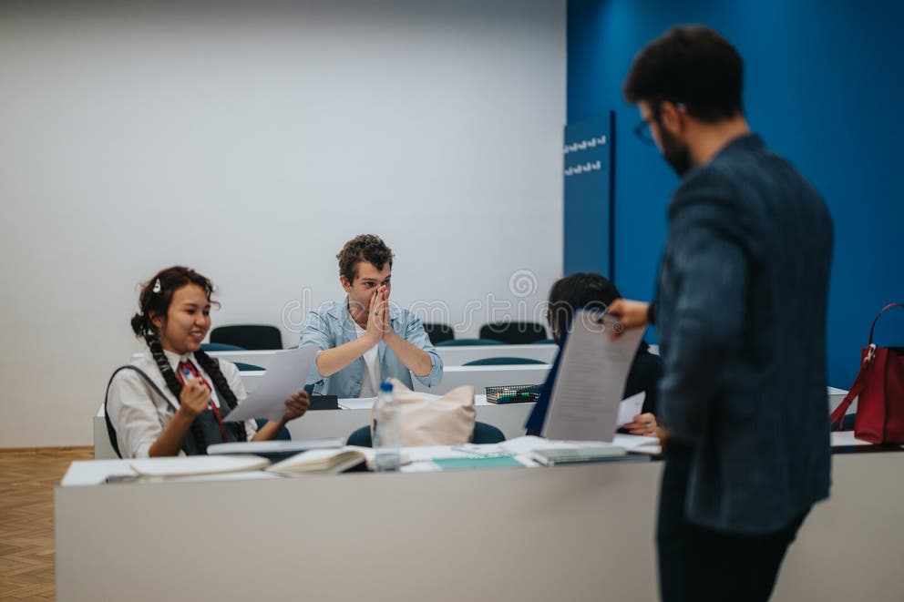 Students Collaborate on Class Assignment with Professor Guidance Stock ...