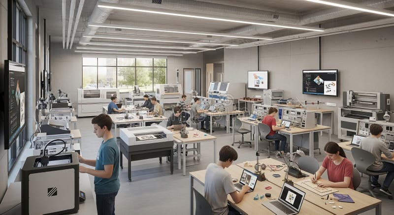 Students Collaborate in a Modern Engineering Lab, Utilizing Technology Like 3D Printers and ...