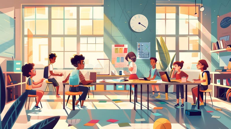 Students Collaborate on Projects in a Bright, Sunlit Classroom, Working ...