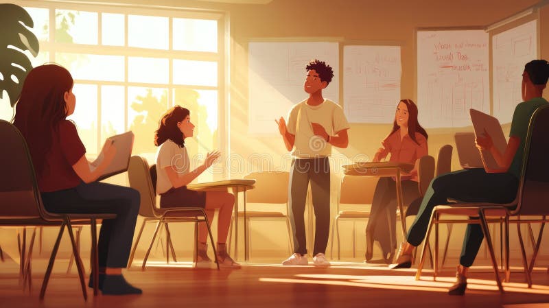 Students Collaborate in a Sunlit Classroom, Engaging in Discussion and ...