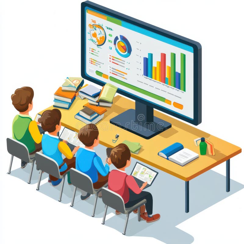 Students Collaborating on Data Analysis Project Using Large Monitor and ...