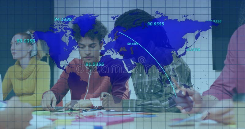 Students Collaborating at Desk with Global Map and Data Overlay ...