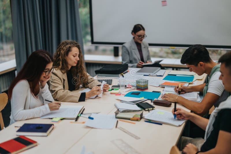 Students Collaborating on a Group Project in a Modern Classroom Stock ...