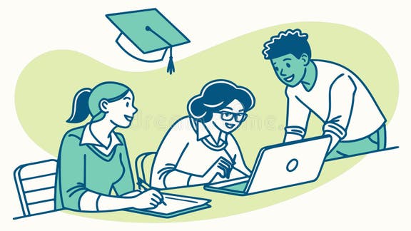 Students Collaborating on Laptop, Education and Learning, Vector Design ...