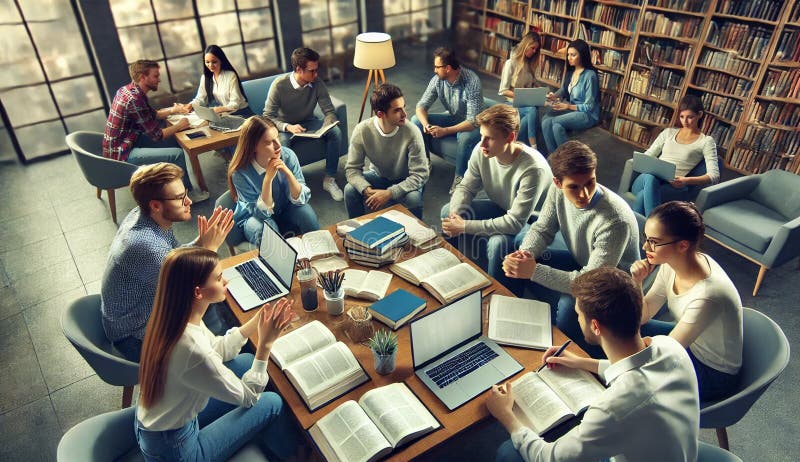 Students Collaborating in a Library Stock Illustration - Illustration ...