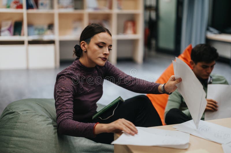 Students Collaborating in a Modern Education Setting while Reviewing ...