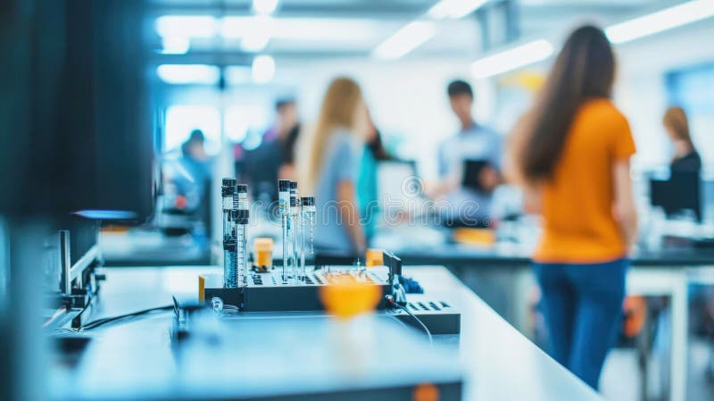 Students Collaborating in a Modern STEM Lab with Focus on Equipment and ...